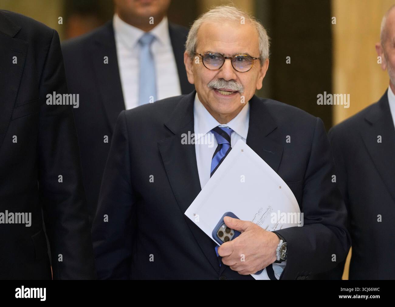Lebanese Prime Minister Nawaf Salam arrives to attend a cabinet meeting ...