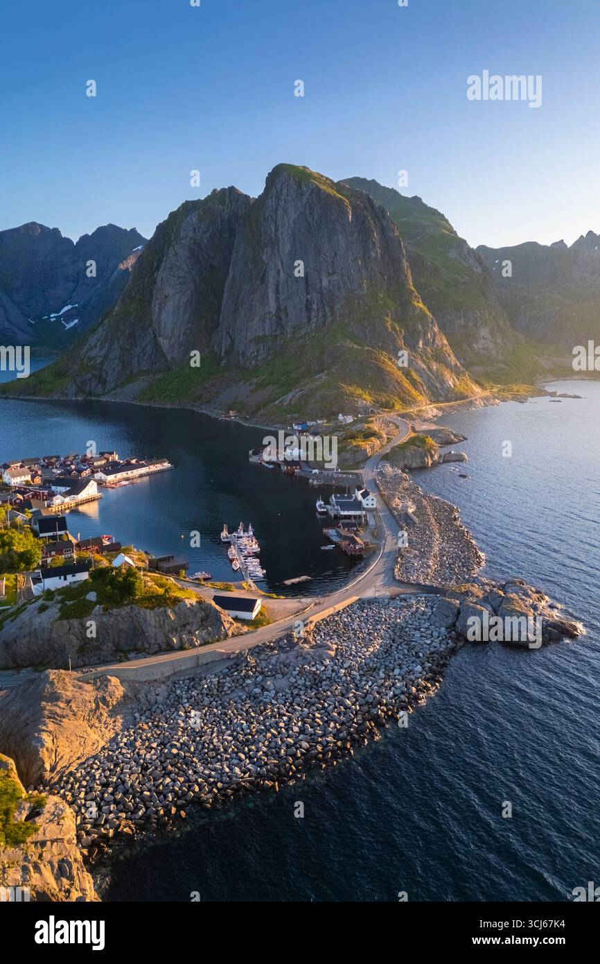 Aerial view of the Hamnøya island and the Lilandstinden mountain in ...