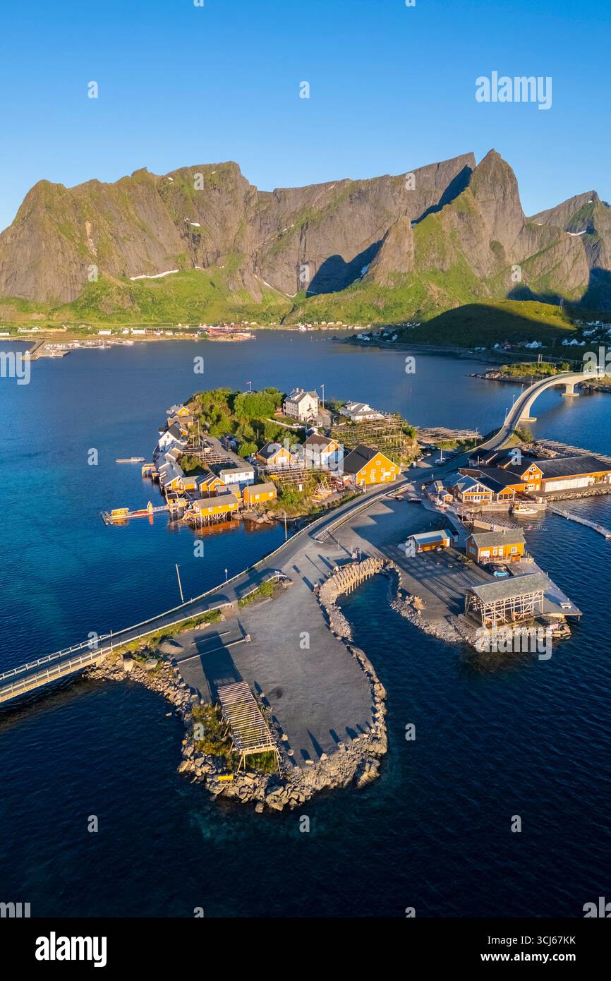 Aerial view of the Sakrisøya island and Reine Bay towards Reinebringen ...