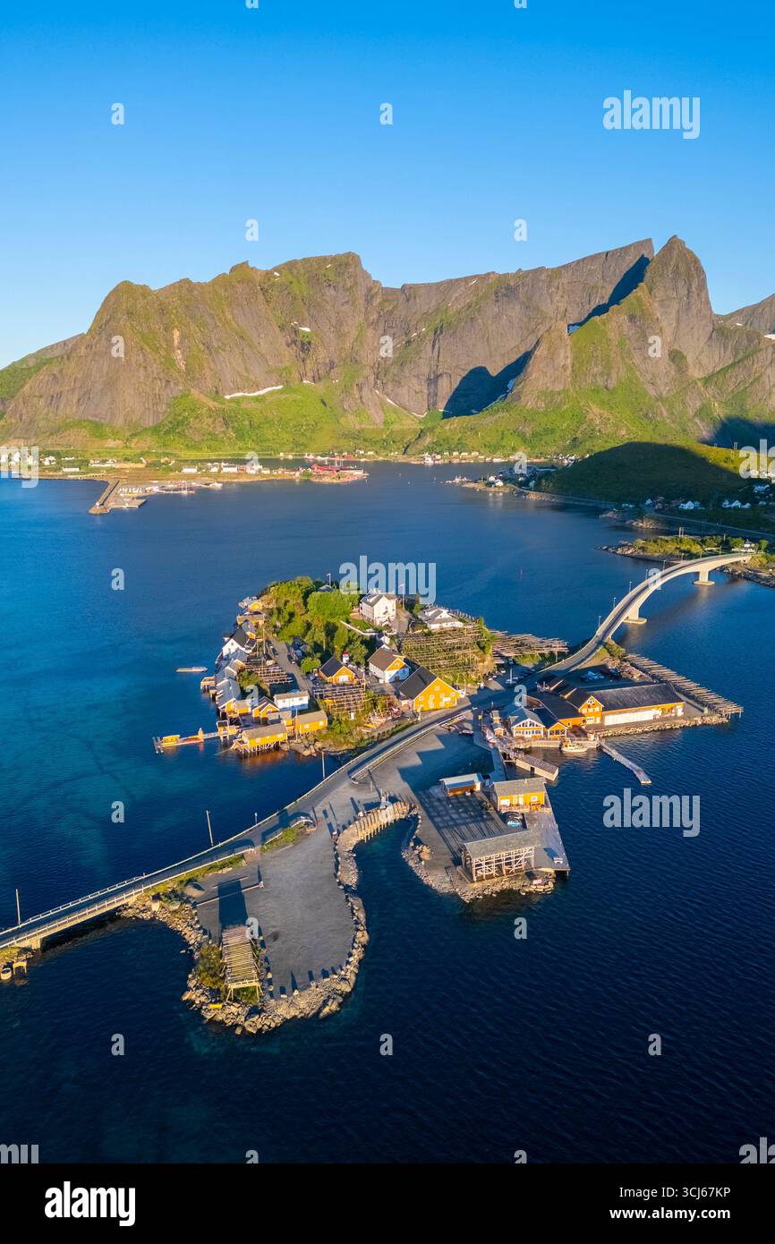 Aerial view of the Sakrisøya island and Reine Bay towards Reinebringen ...