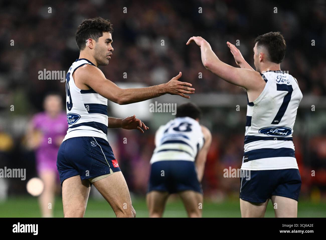Jack Martin of Geelong (left) celebrates scoring a goal during the AFL ...