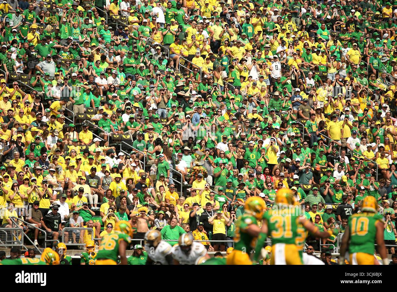Oregon fans watch gameplay during the first half of an NCAA college ...