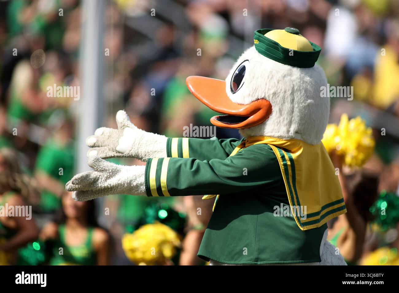 The Oregon Duck gestures to the crowd during the second half of an NCAA ...