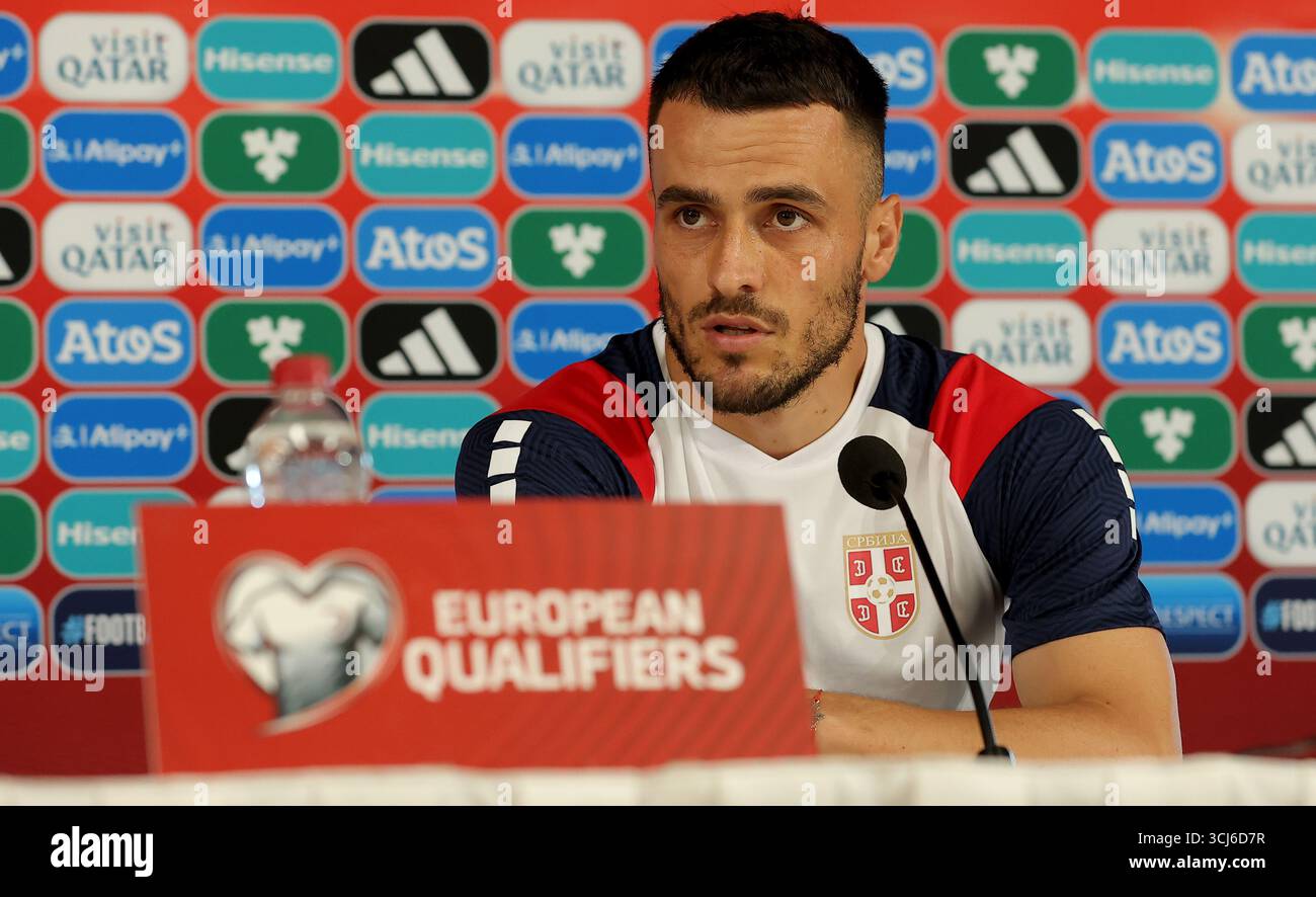 Serbia's Fili Kostic speaks during press conference ahead of the FIFA ...