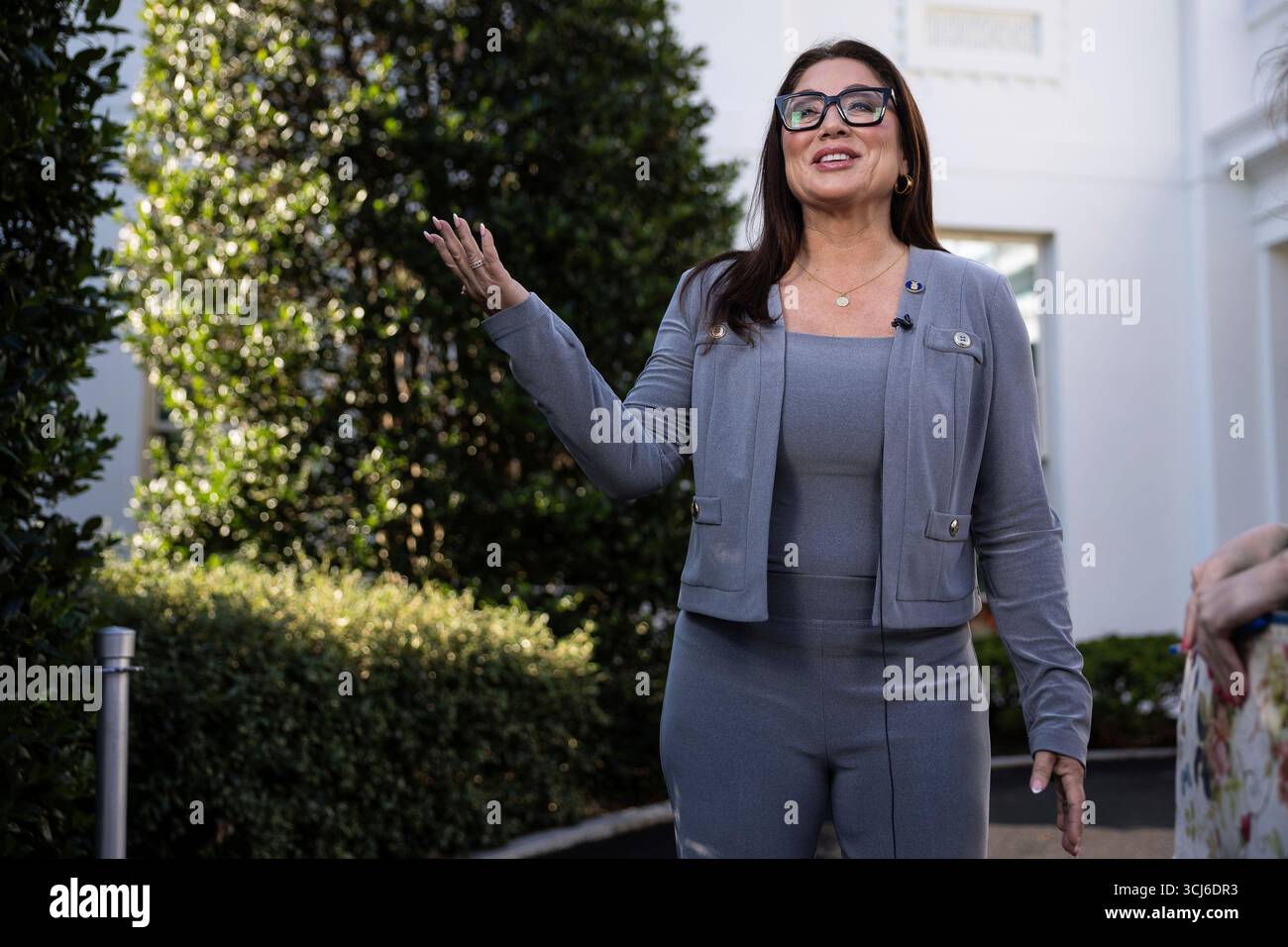 Labor Secretary Lori Chavez-DeRemer speaks with a reporter outside the ...