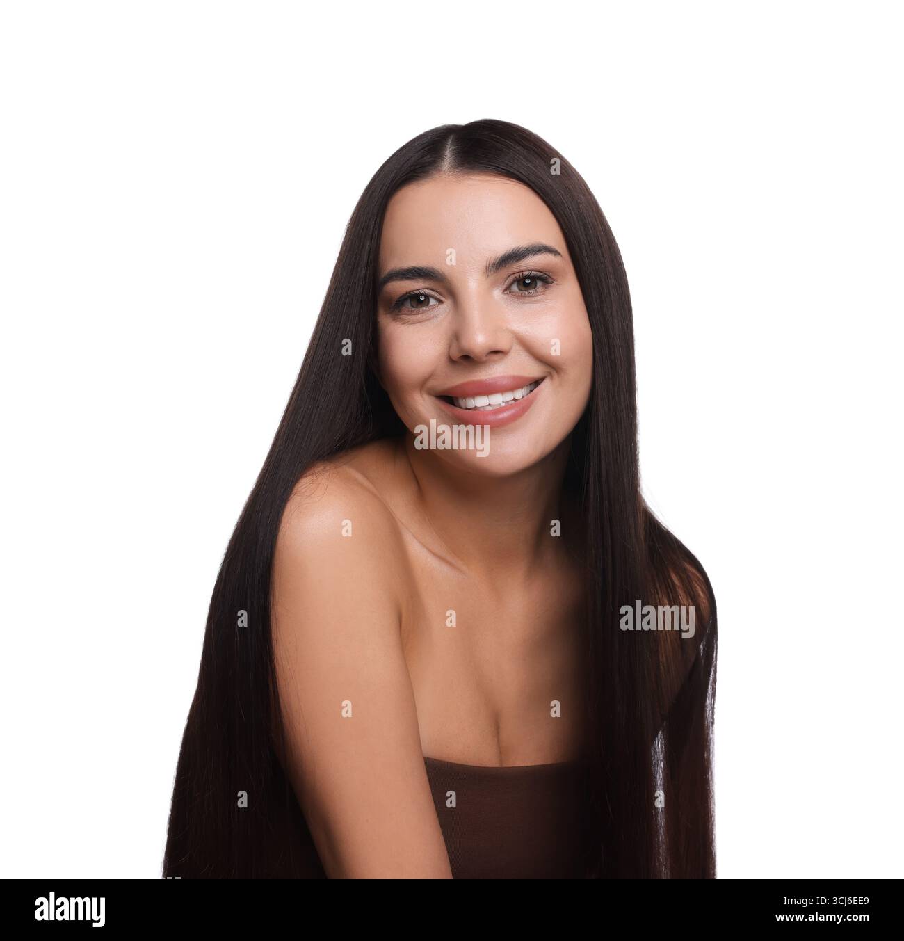 Woman with beautiful smooth hair after lamination procedure on white ...