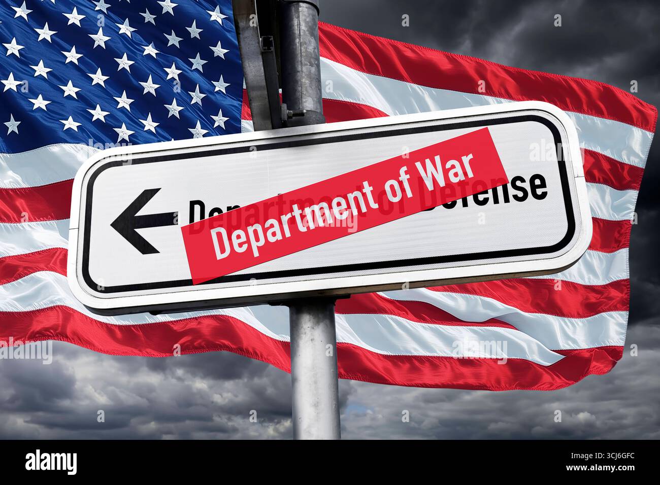 FOTOMONTAGE, Wegweiser mit Aufschrift Department of War vor USA-Fahne *** FOTOMONTAGE, Signpost ...