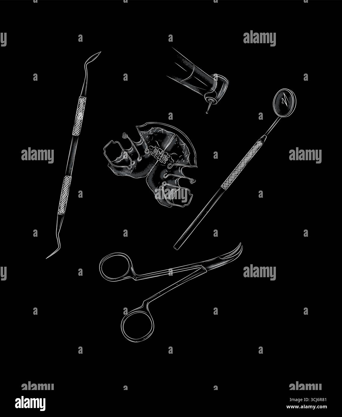 Orthodontic align teeth plate with dental examination tools drawing in ...
