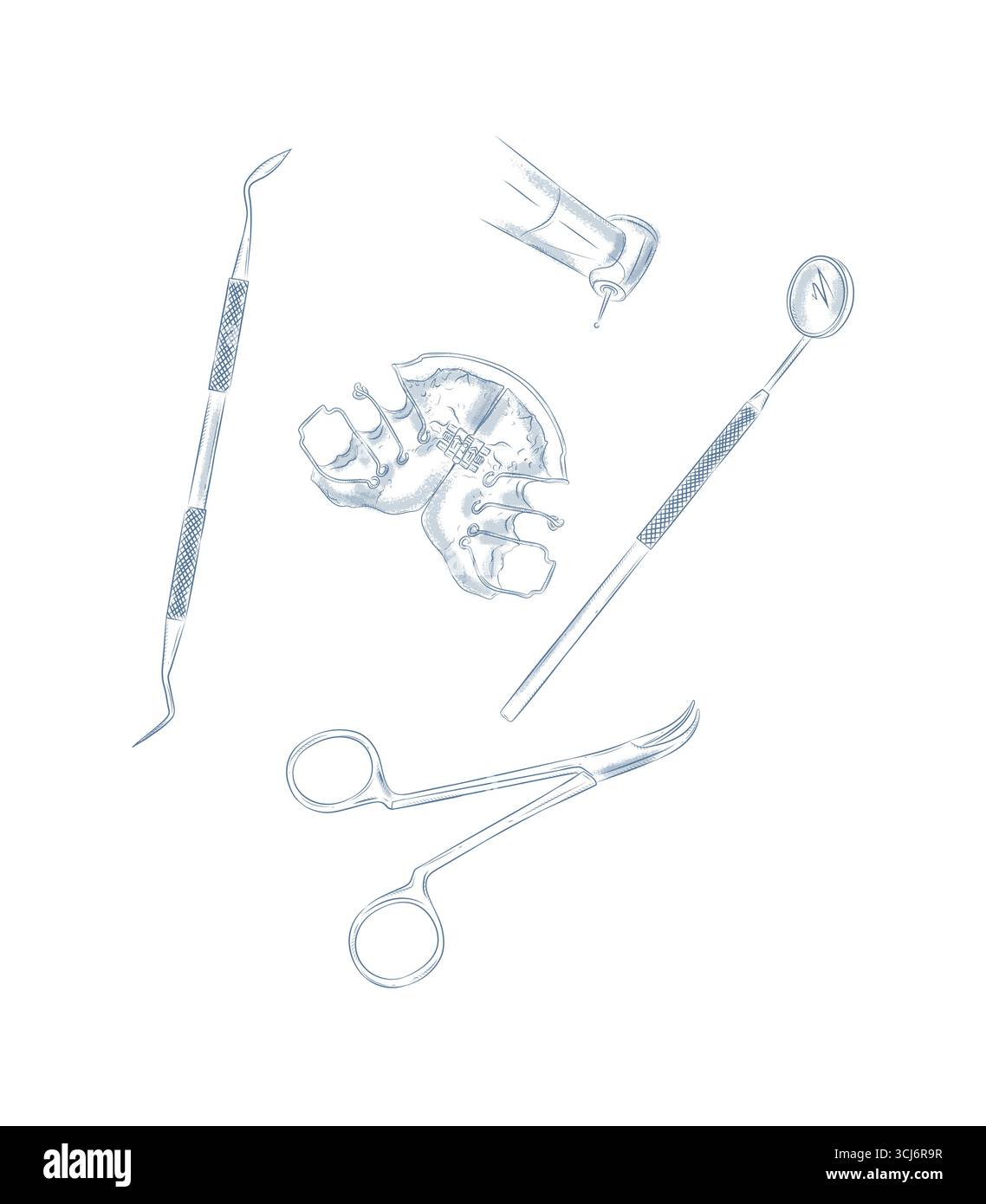 Orthodontic align teeth plate with dental examination tools drawing in ...