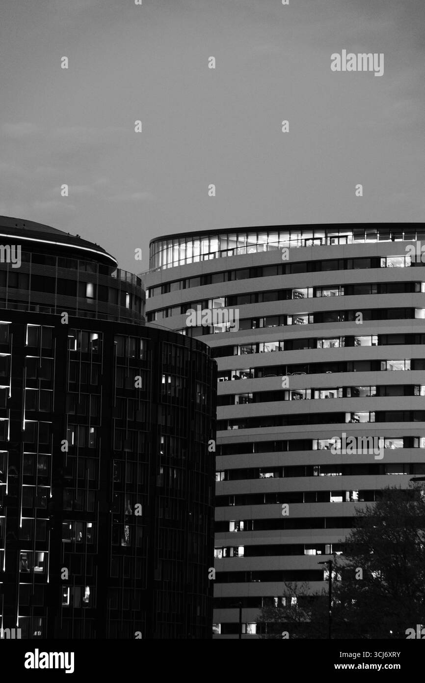 Black and white photograph of modern London architecture, featuring a ...
