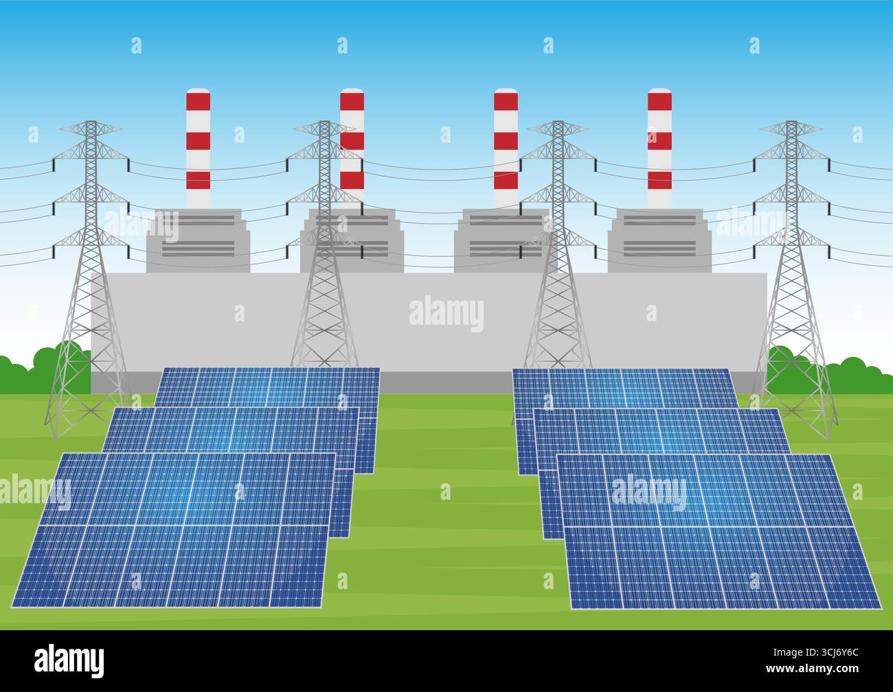 Solar Power Plant. Solar Power Station with Electric Tower and Power ...