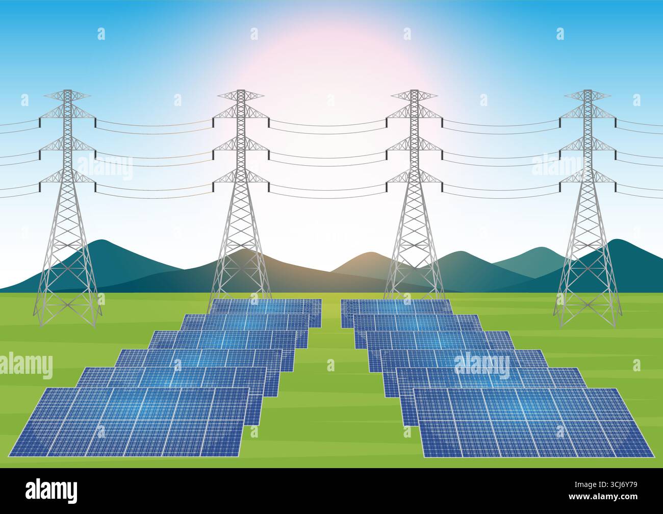 Solar Power Plant. Solar Power Station with Electric Tower and Power ...