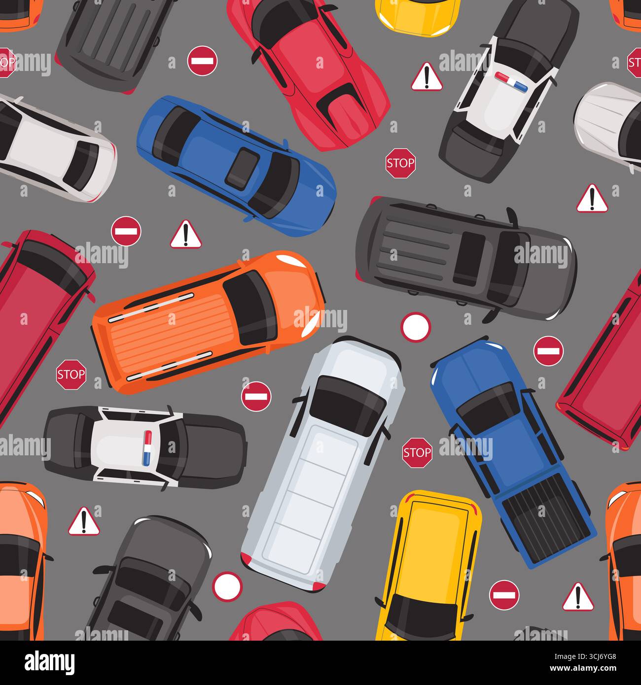 Passenger cars with road warning signs seamless pattern. City vehicles ...