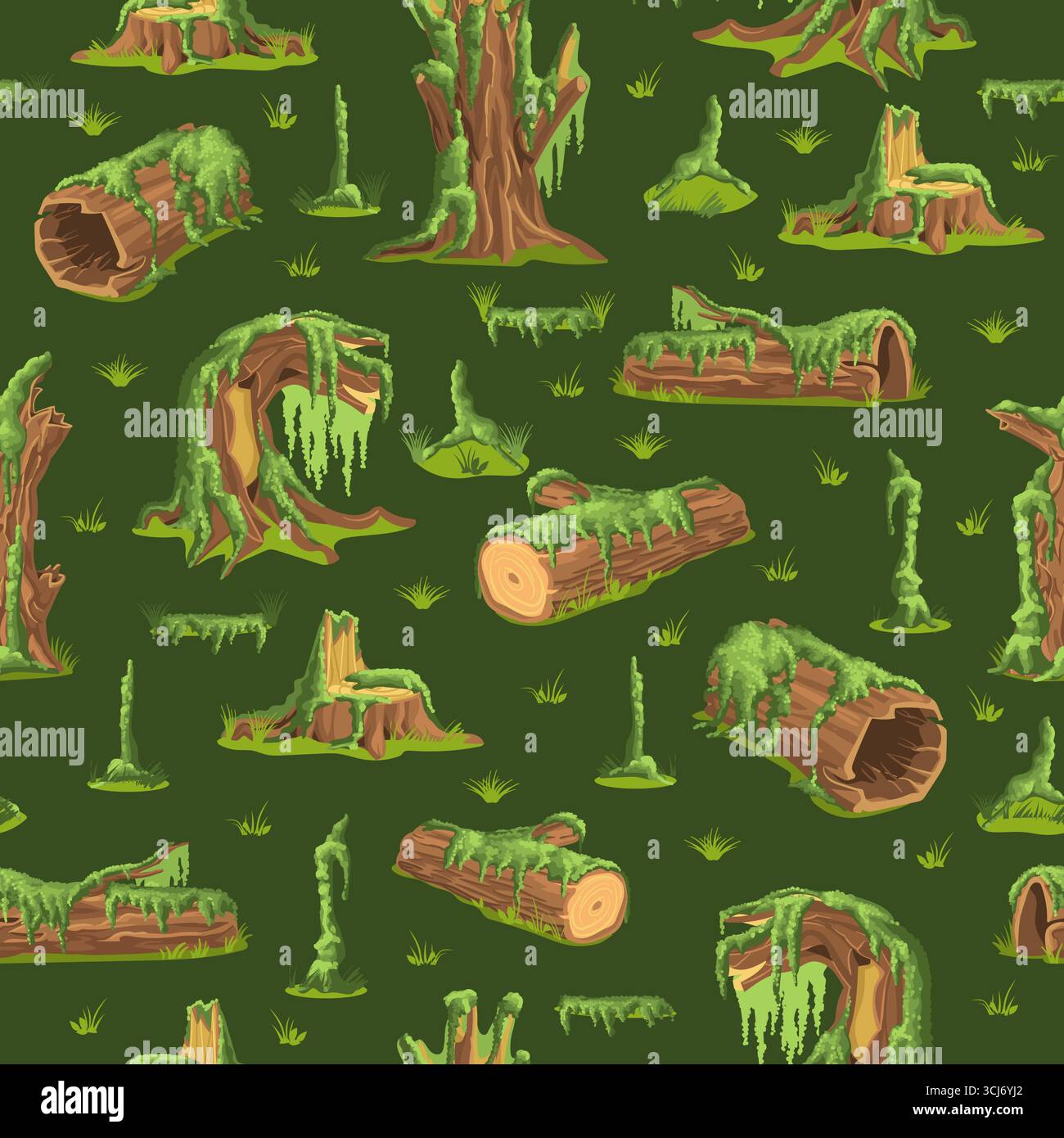 Old fallen trees in swamp overgrown with green moss and lichen. Natural ...