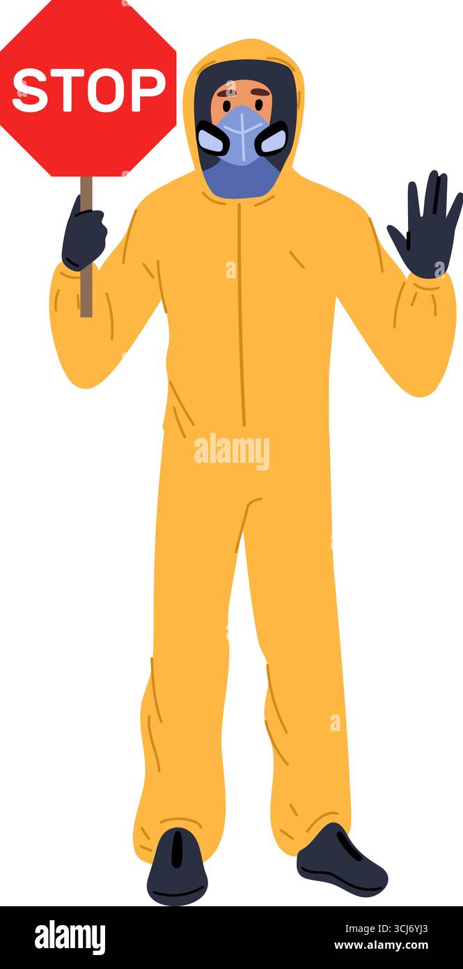 Person wearing yellow hazmat suit and mask holds stop sign and makes ...