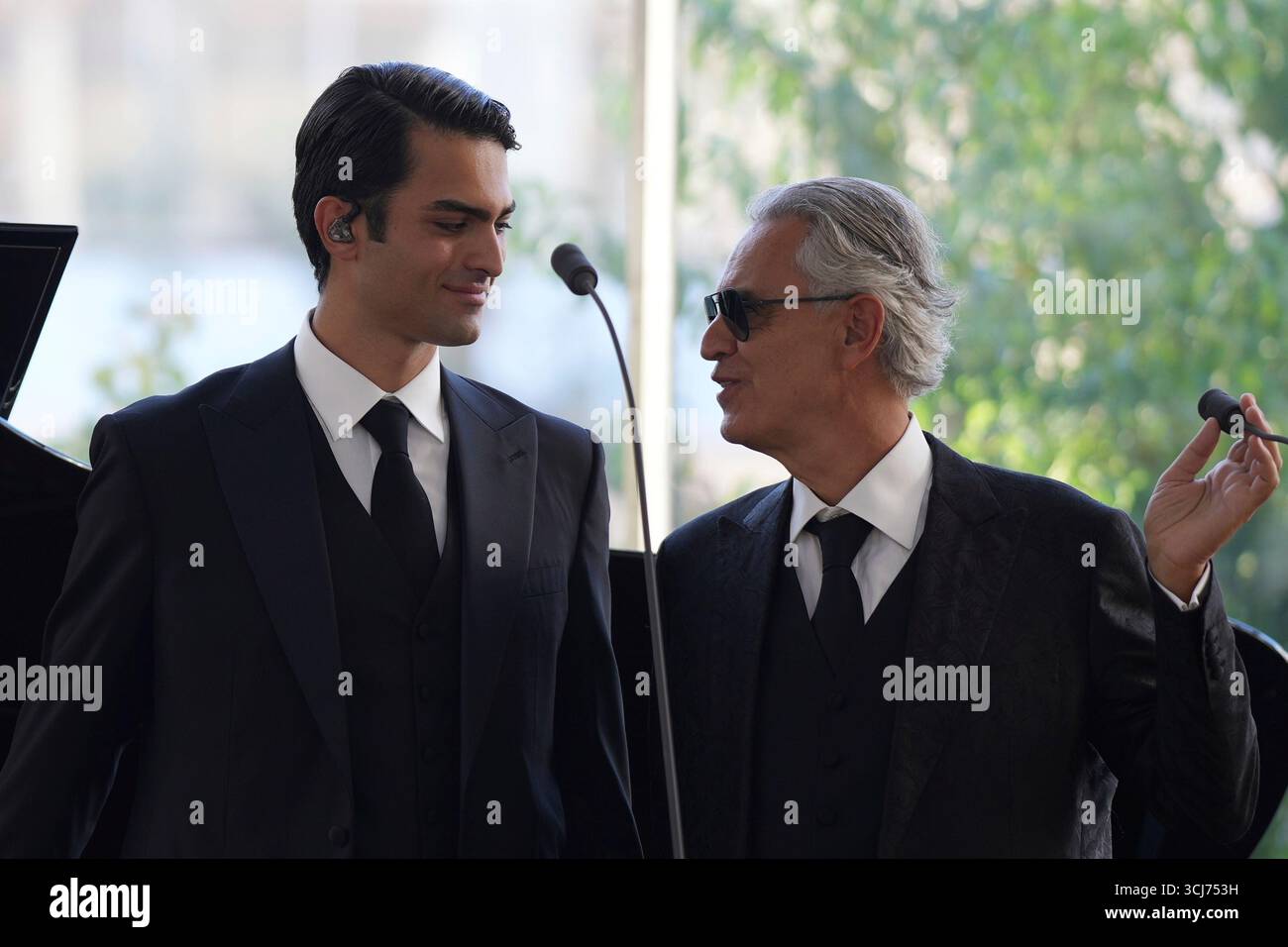 Andrea Bocelli, right, and his son Matteo sing at the inauguration of ...