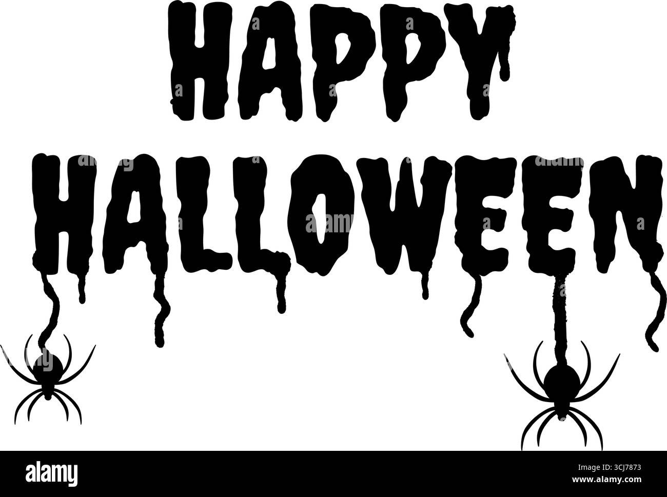 Black Happy Halloween text with dripping effect and spiders on white ...