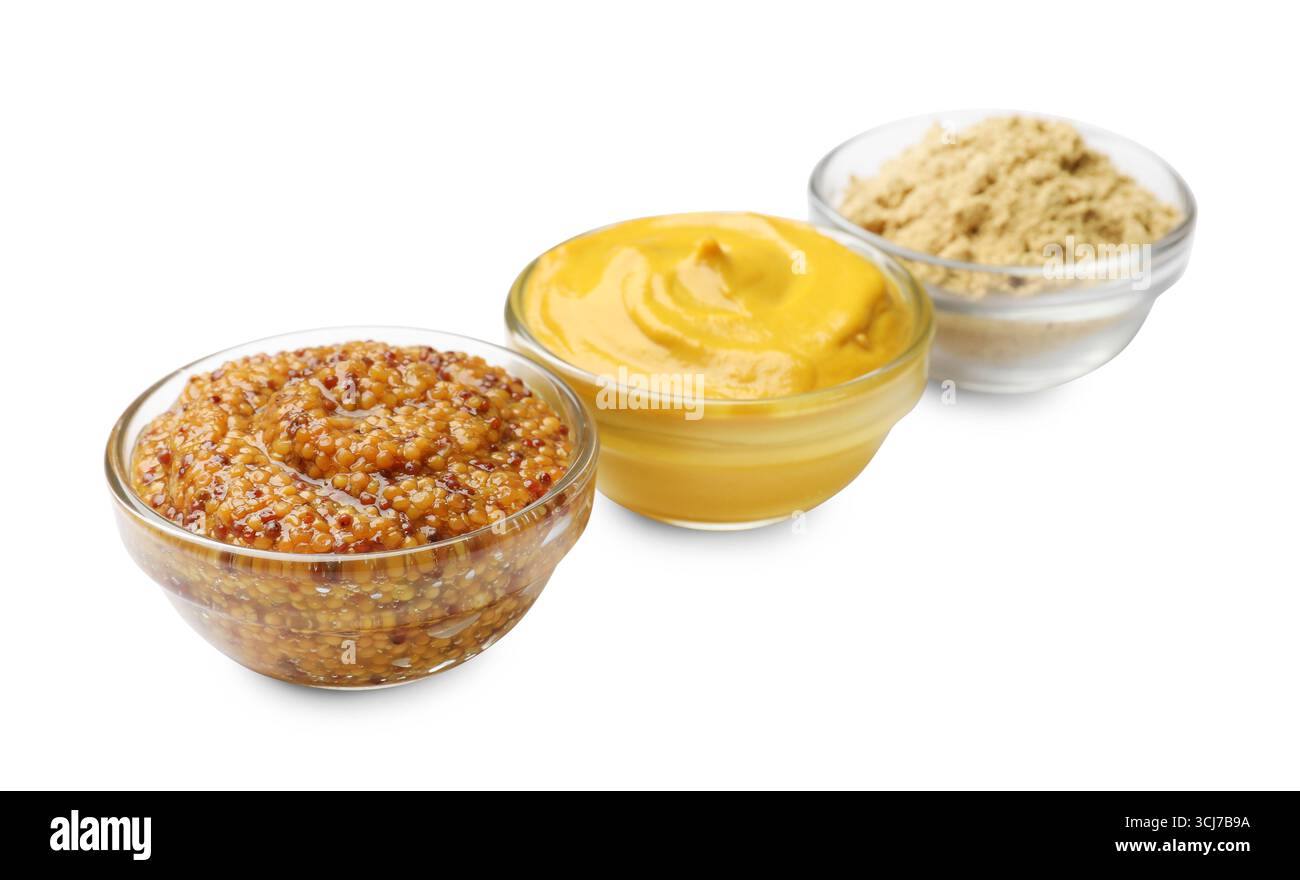 Different types of mustard isolated on white Stock Photo - Alamy