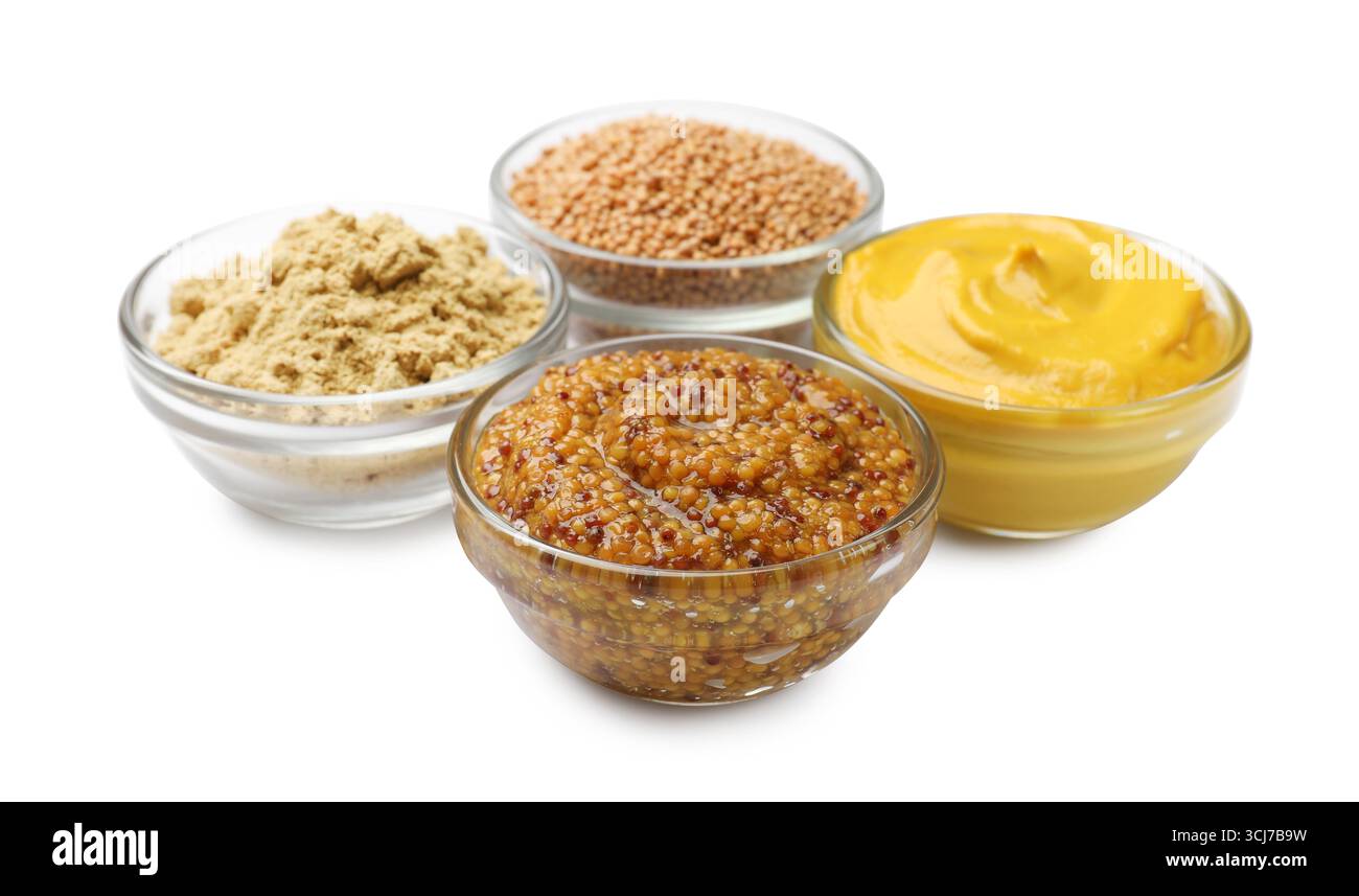 Different types of mustard isolated on white Stock Photo - Alamy
