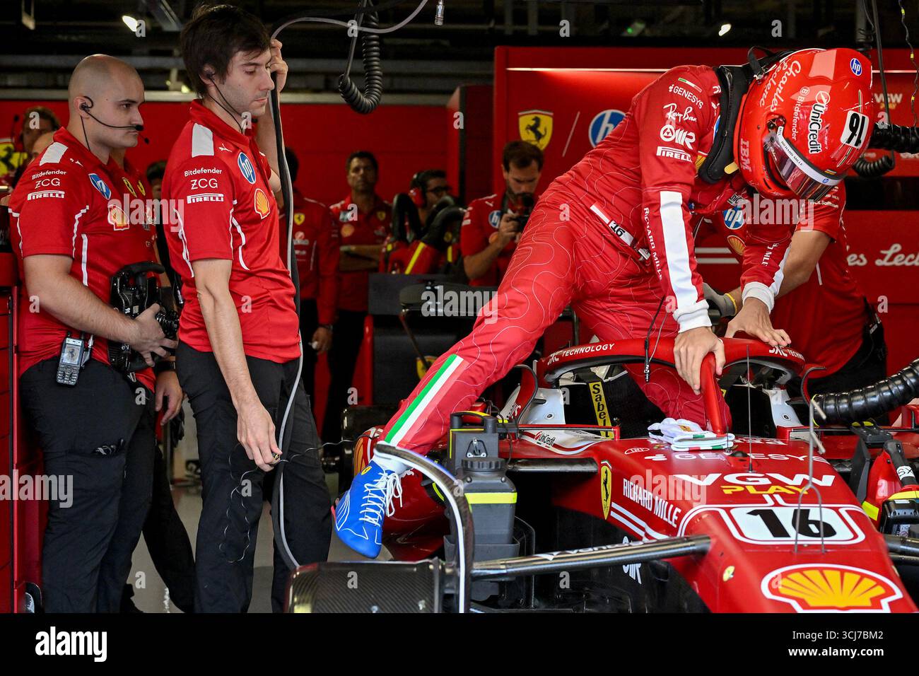 MONZA, ITALY - SEPTEMBER 05: Charles Leclerc of Monaco gets into the ...
