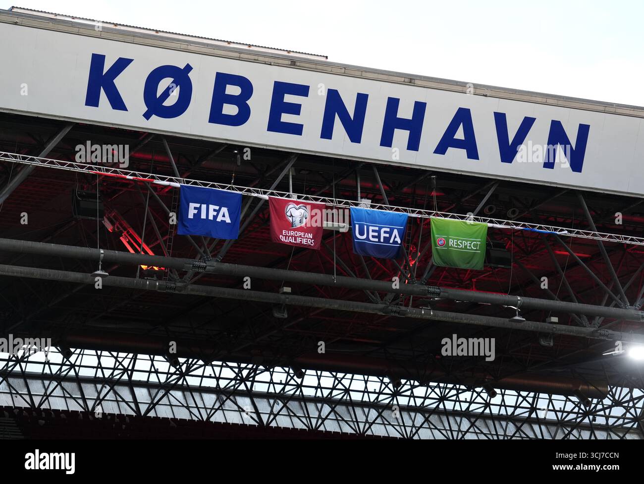 A general view of FIFA and UEFA flags on the roof of the stadium ahead ...