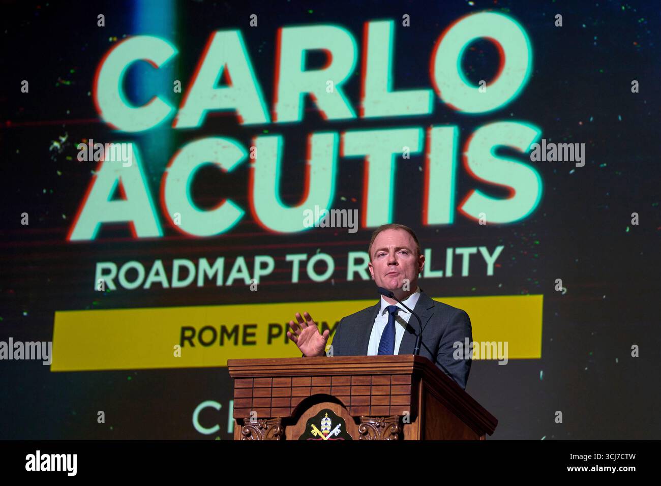 Director Tim Moriarty speaks at the screening of his film 'Carlo Acutis ...