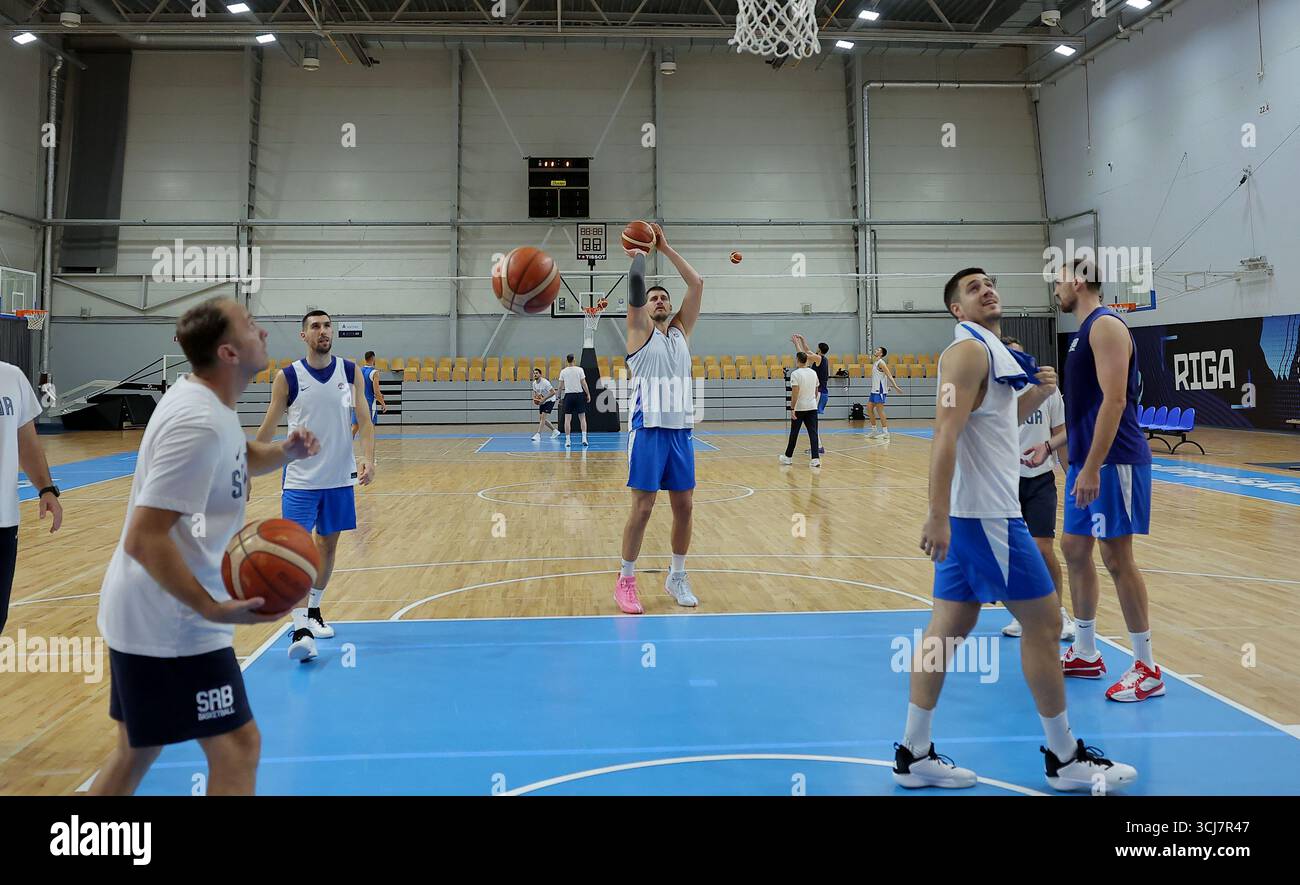 Serbia's Nikola Jokic, Serbia basketball team training on September 5. 2025. in Riga, Latvia ...