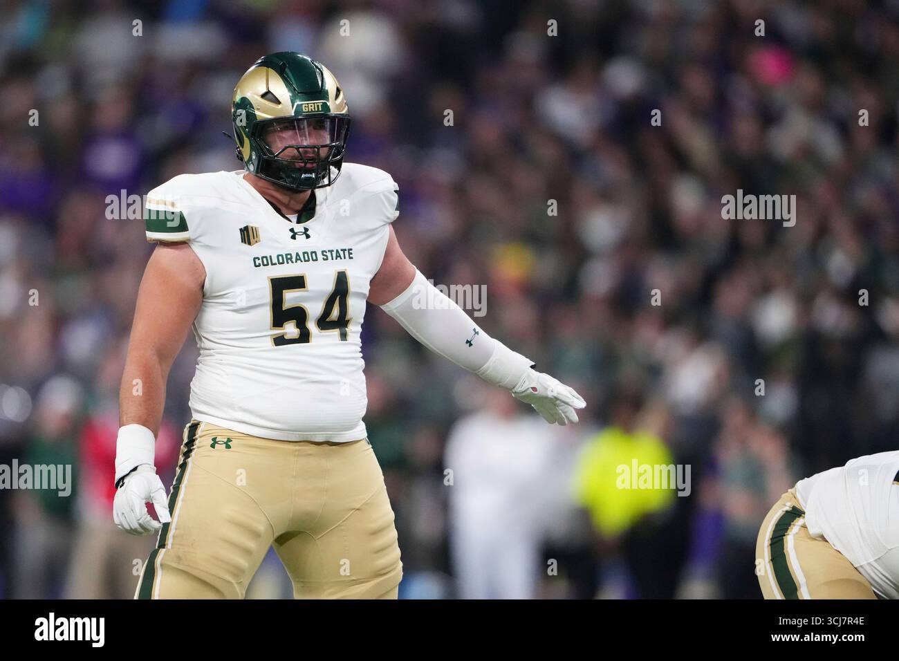 Colorado State offensive lineman Liam Wortmann looks on against Washington during an NCAA ...