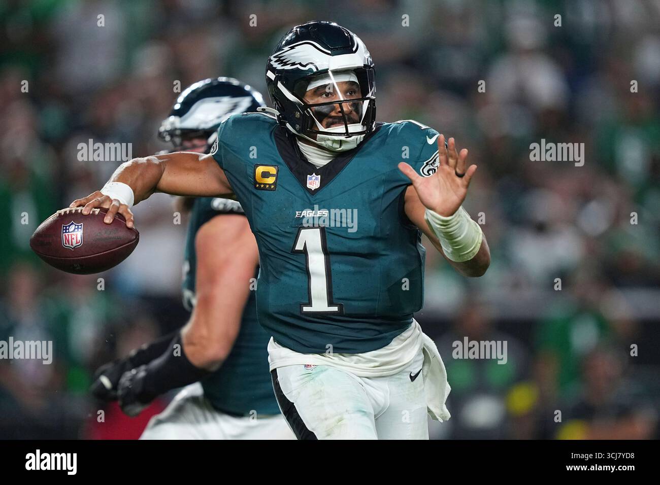 In action during an NFL football game, Friday, Sept. 5, 2025, in ...