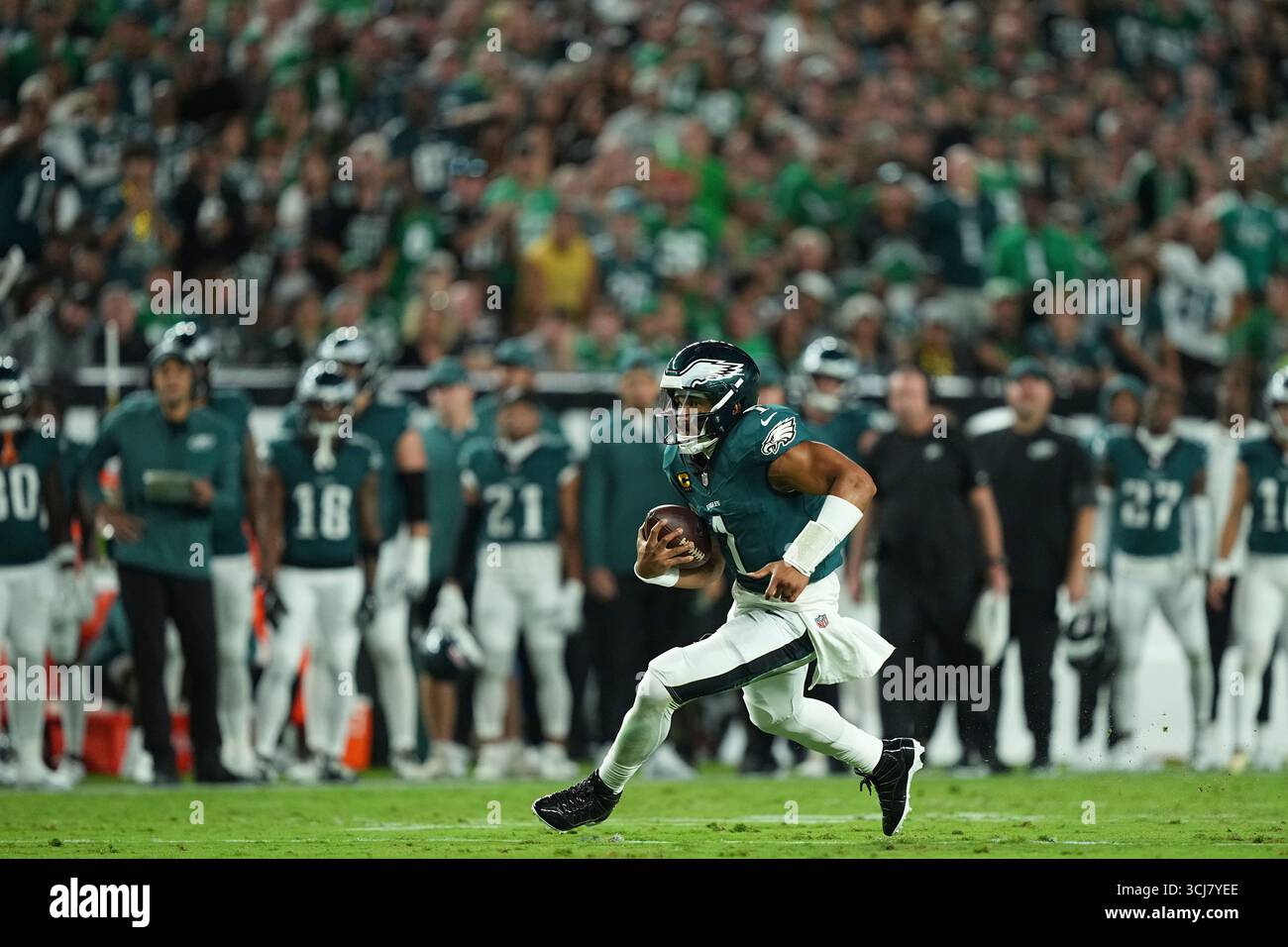 Philadelphia Eagles quarterback Jalen Hurts In action during an NFL ...