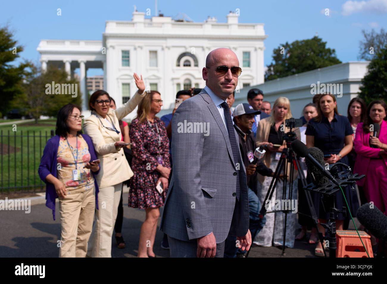 White House deputy chief of staff Stephen Miller speaks with reporters ...