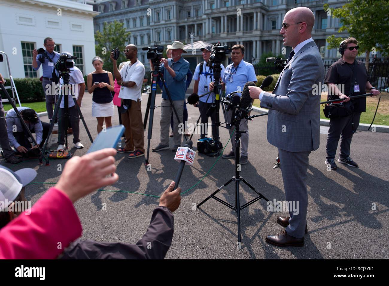 White House deputy chief of staff Stephen Miller speaks with reporters ...