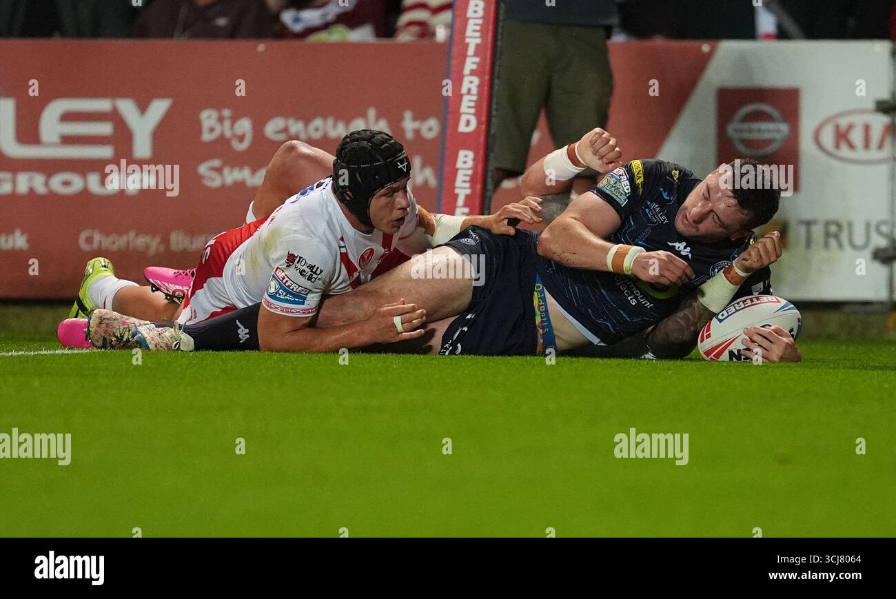 Wigan Warriors' Jake Wardle goes for a try during the Betfred Super League match at the Totally ...