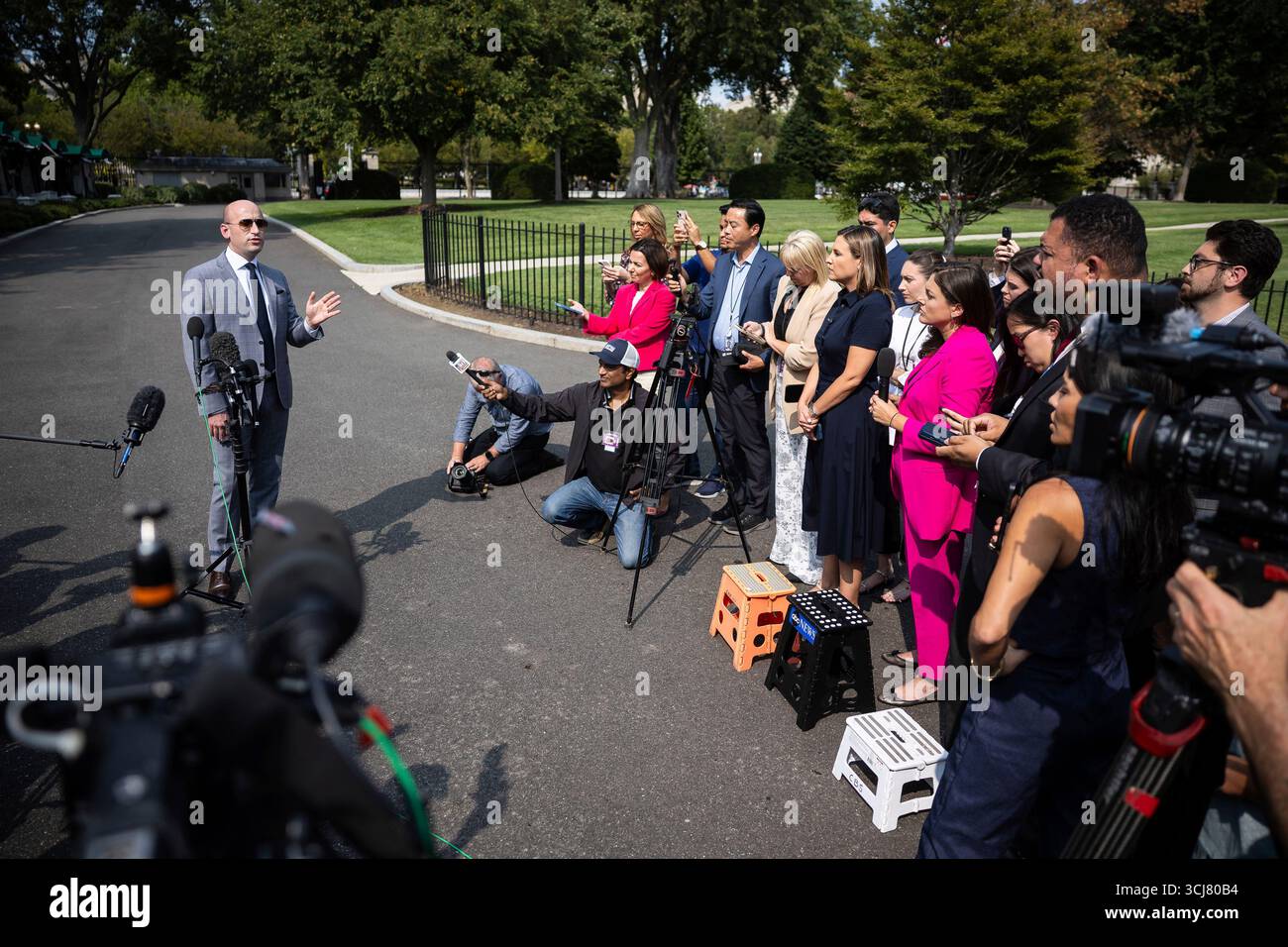 White House Deputy Chief of Staff Stephen Miller speaks with reporters ...
