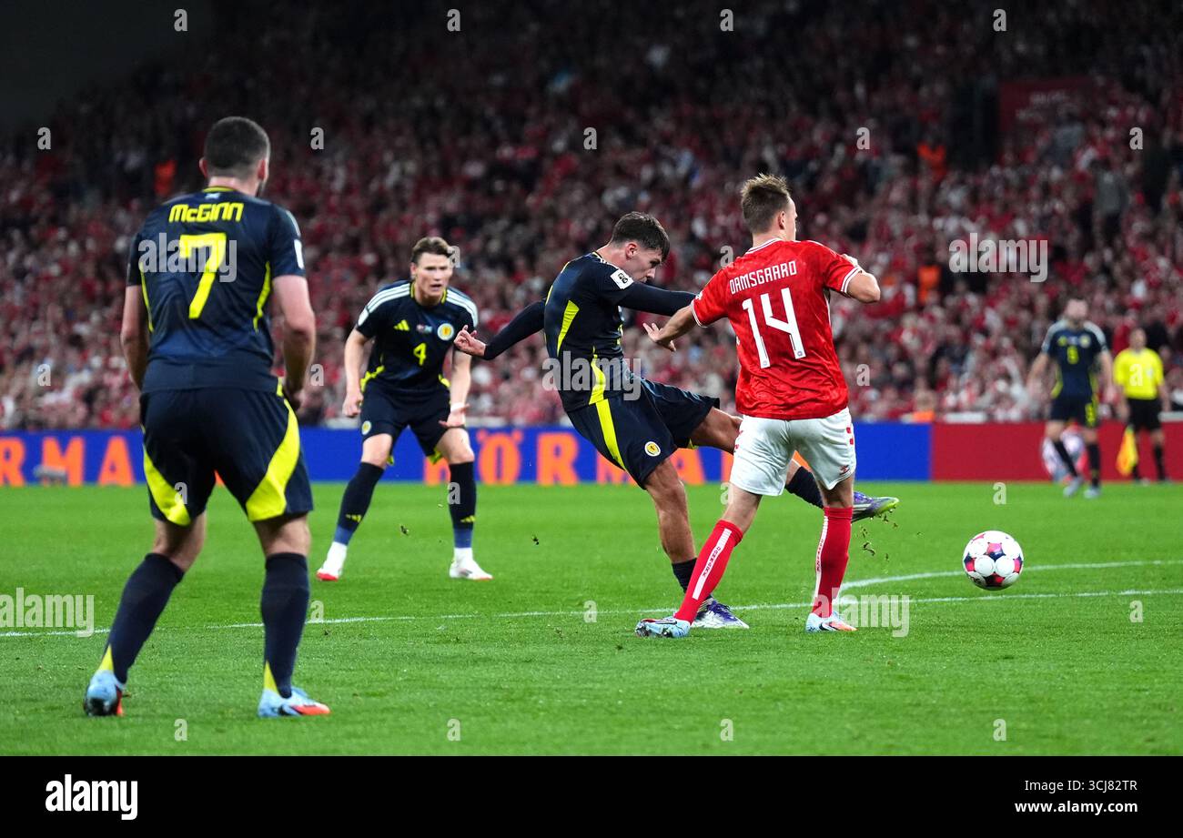Scotland's Aaron Hickey attempts a shot on goal during the World Cup ...