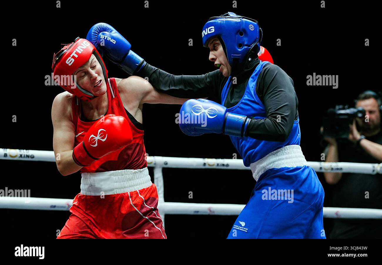Ireland's Michaela Walsh (RED) and Saudi Arabia's Hadeel Ashour (BLUE ...