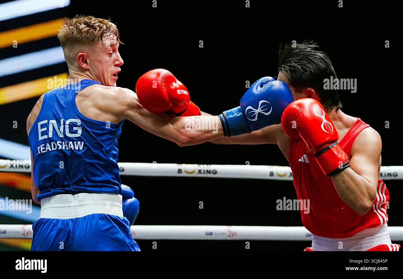 England's Reece Readshaw (BLUE) and Italy's Salvatore Attrattivo (RED ...