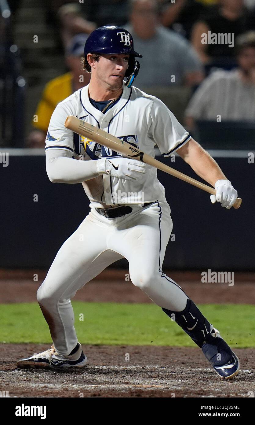 Tampa Bay Rays' Carson Williams bats against the Cleveland Guardians during the sixth inning of ...