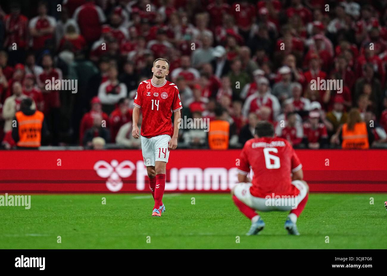 September 05 2025: Mikkel Damsgaard of Denmark with post game despair ...