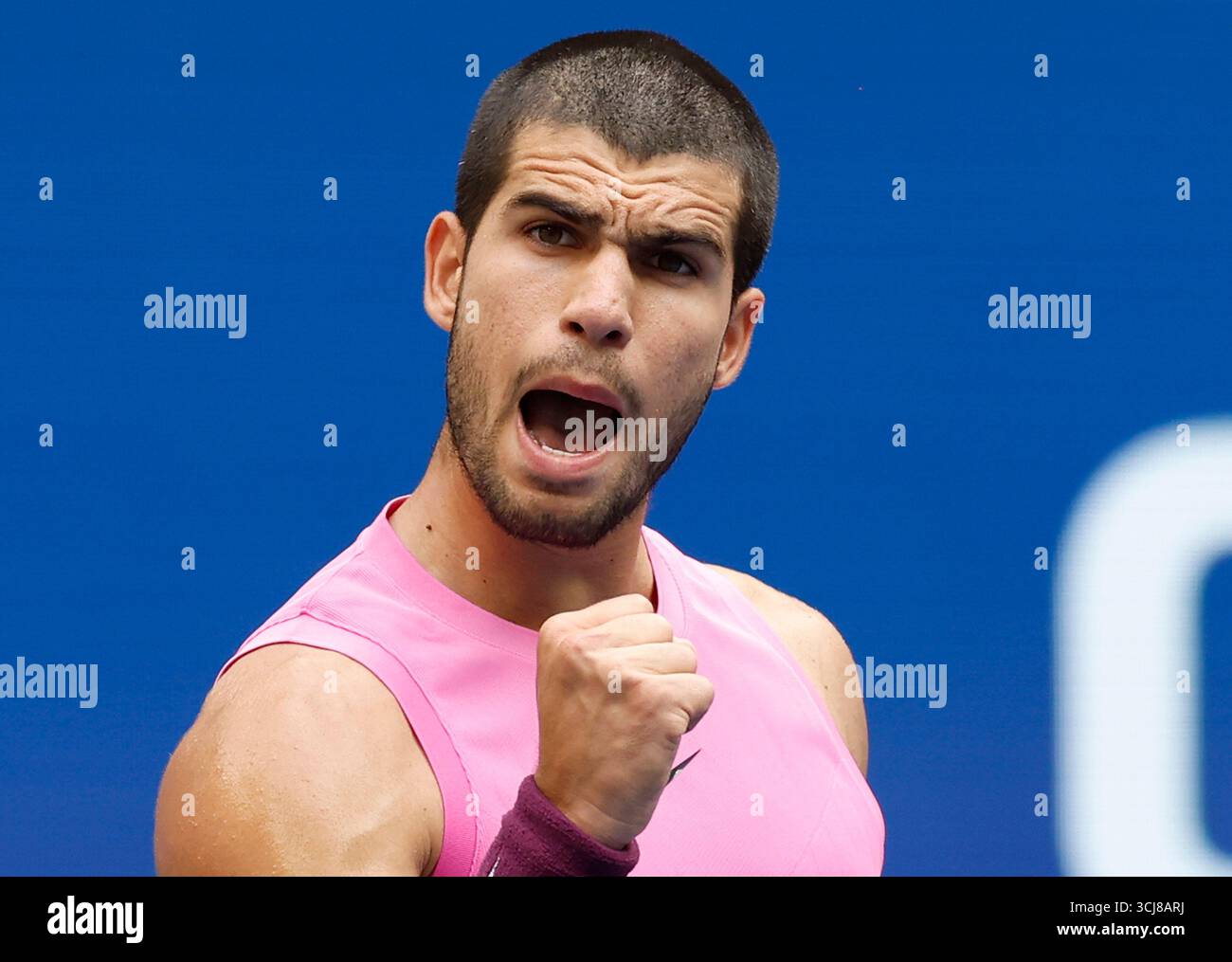 Carlos Alcaraz of Spain celebrates after winning a 2nd set tiebreak ...