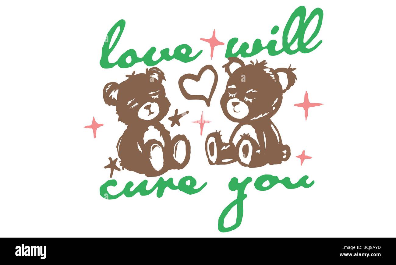 Cute illustration of two teddy bears in love. Whimsical artwork with ...