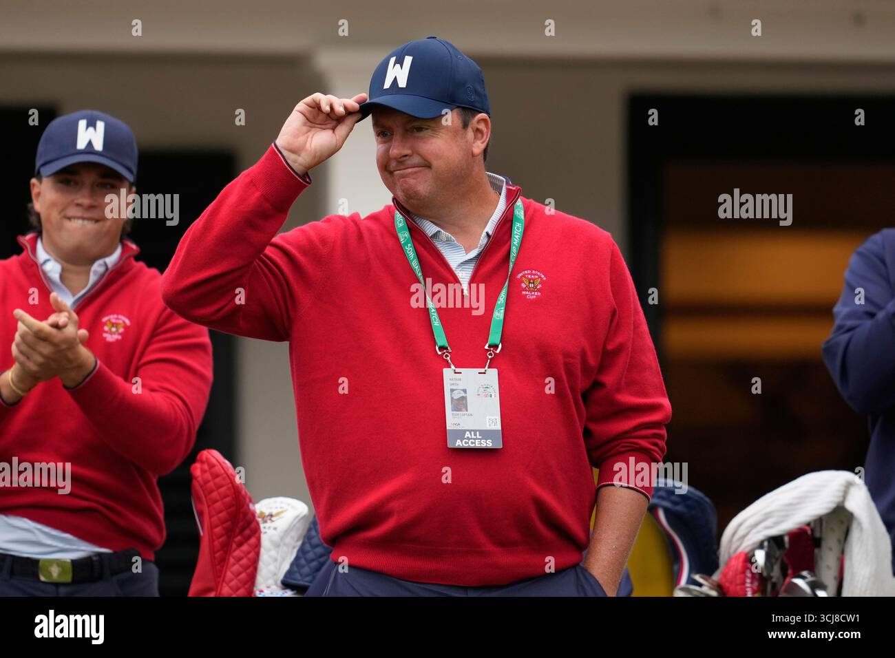 The USA team's captain Nathan Smith gestures during practice before the Walker Cup golf matches ...