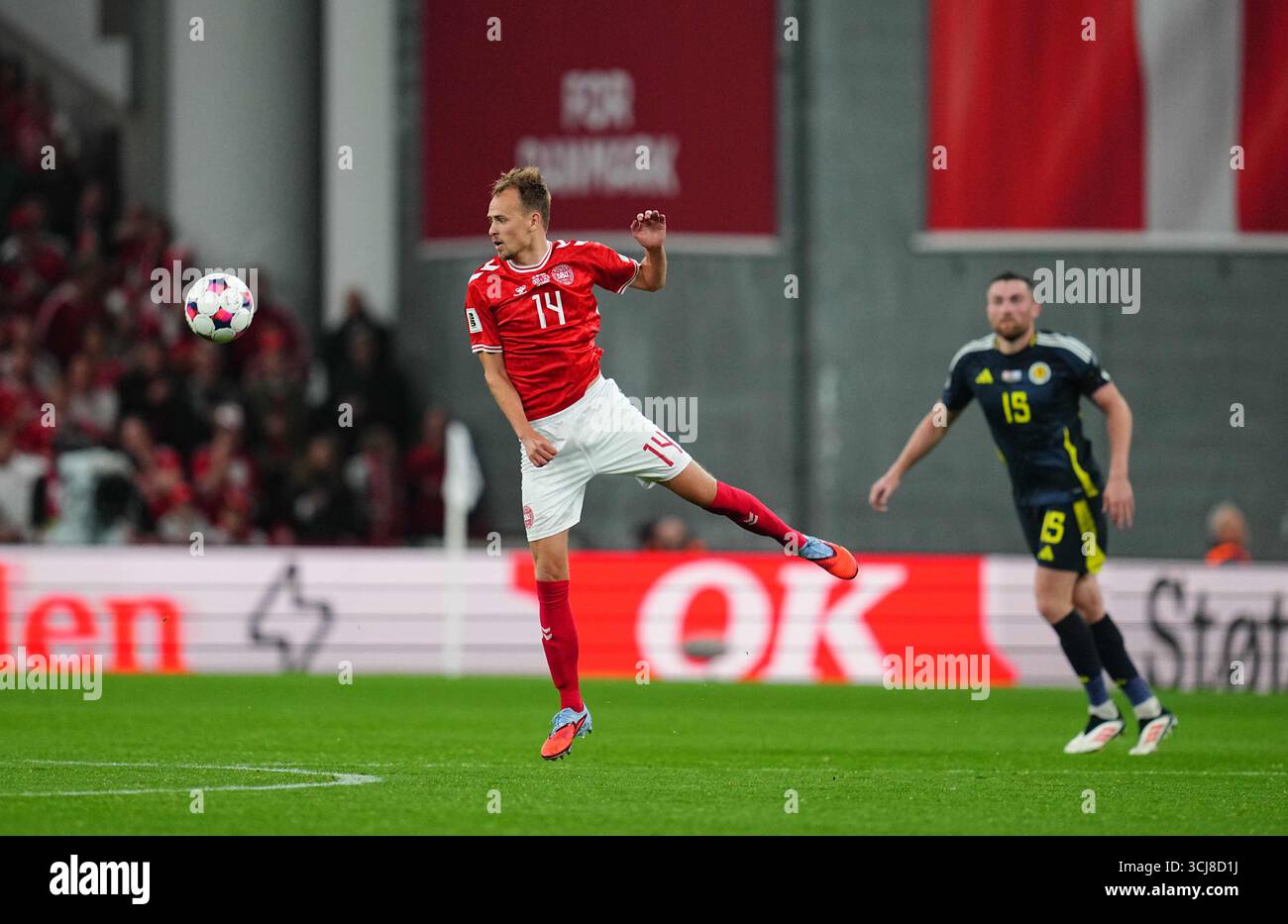 September 05 2025: Mikkel Damsgaard of Denmark heads during a World Cup ...