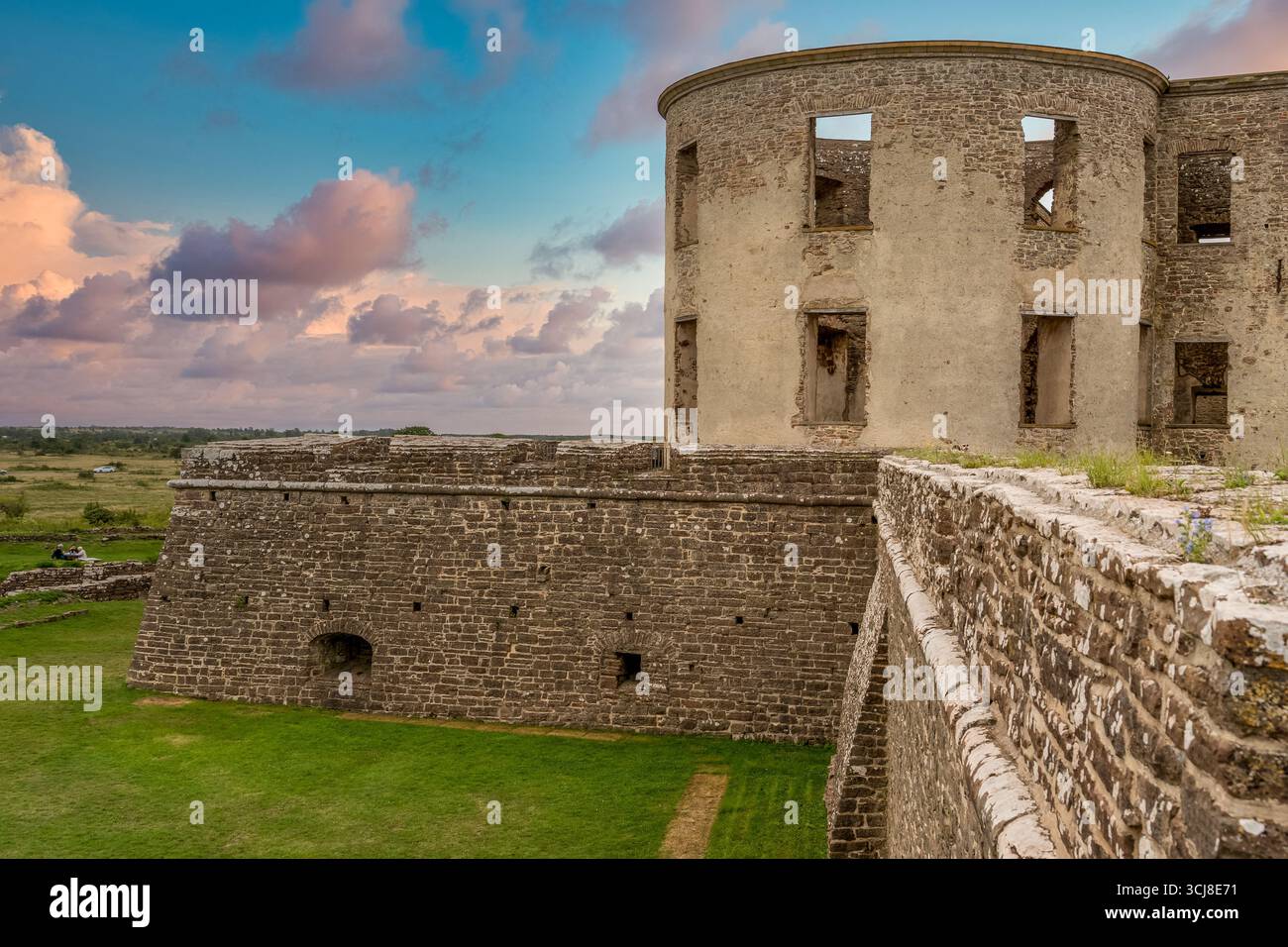 Famous Swedish royal castle ruin with round tower, gun platform bastion ...