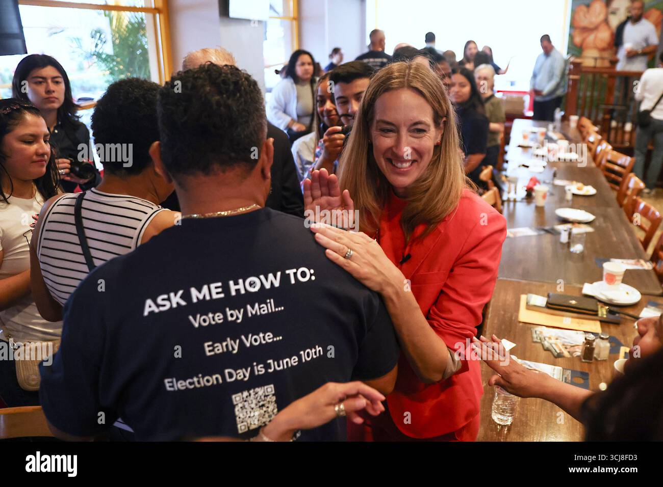 FILE - Rep. Mikie Sherrill, D-N.J., greets people during a "Get Out the Vote" rally June 7, 2025 ...