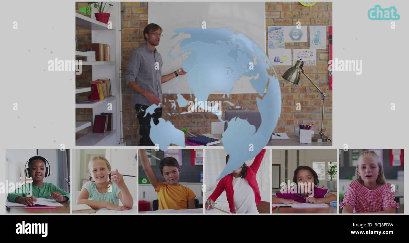Gesturing teacher explaining lesson at brick-wall whiteboard, showing ...