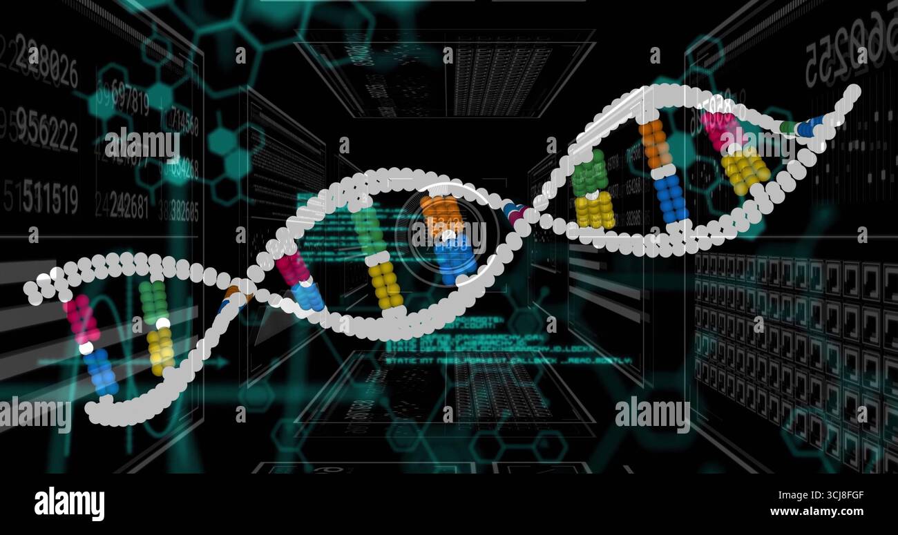 Floating white DNA helix drifting through dark server racks, with ...
