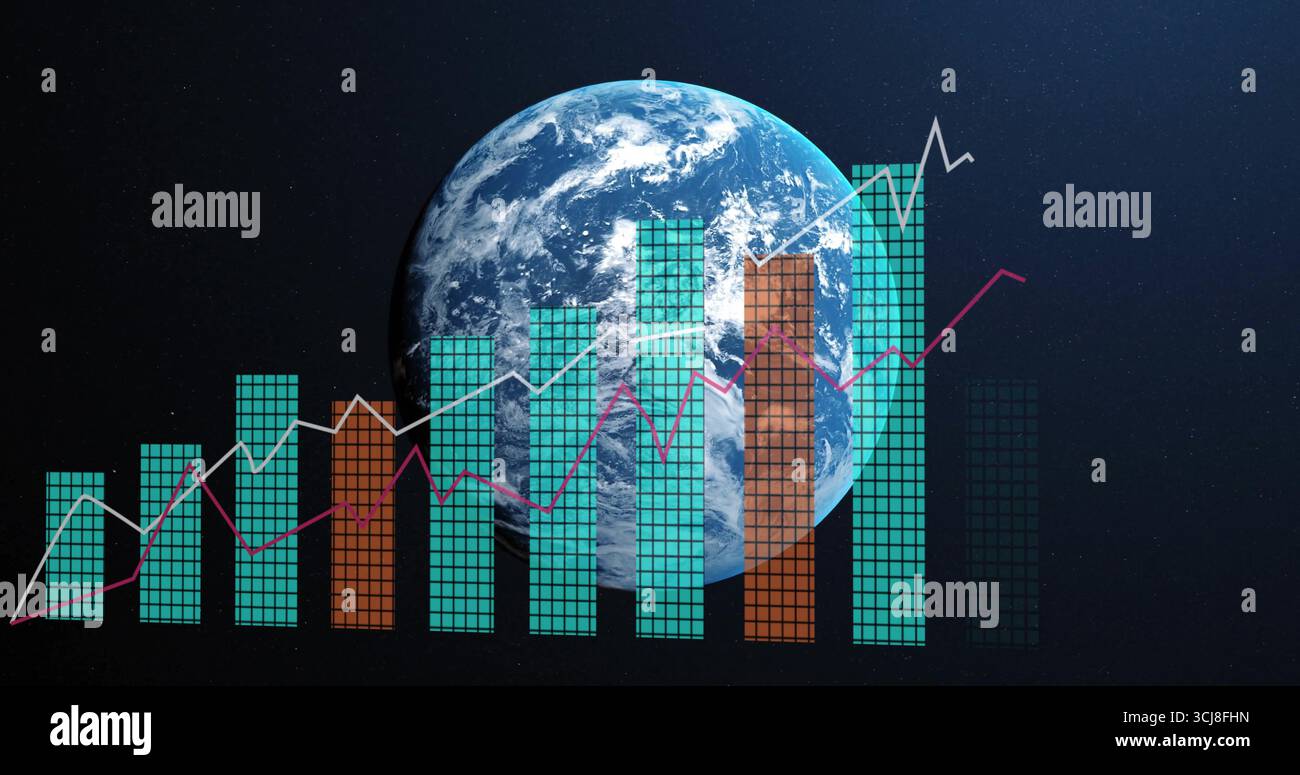 Displaying Earth globe floating in space, with teal orange grid bars ...
