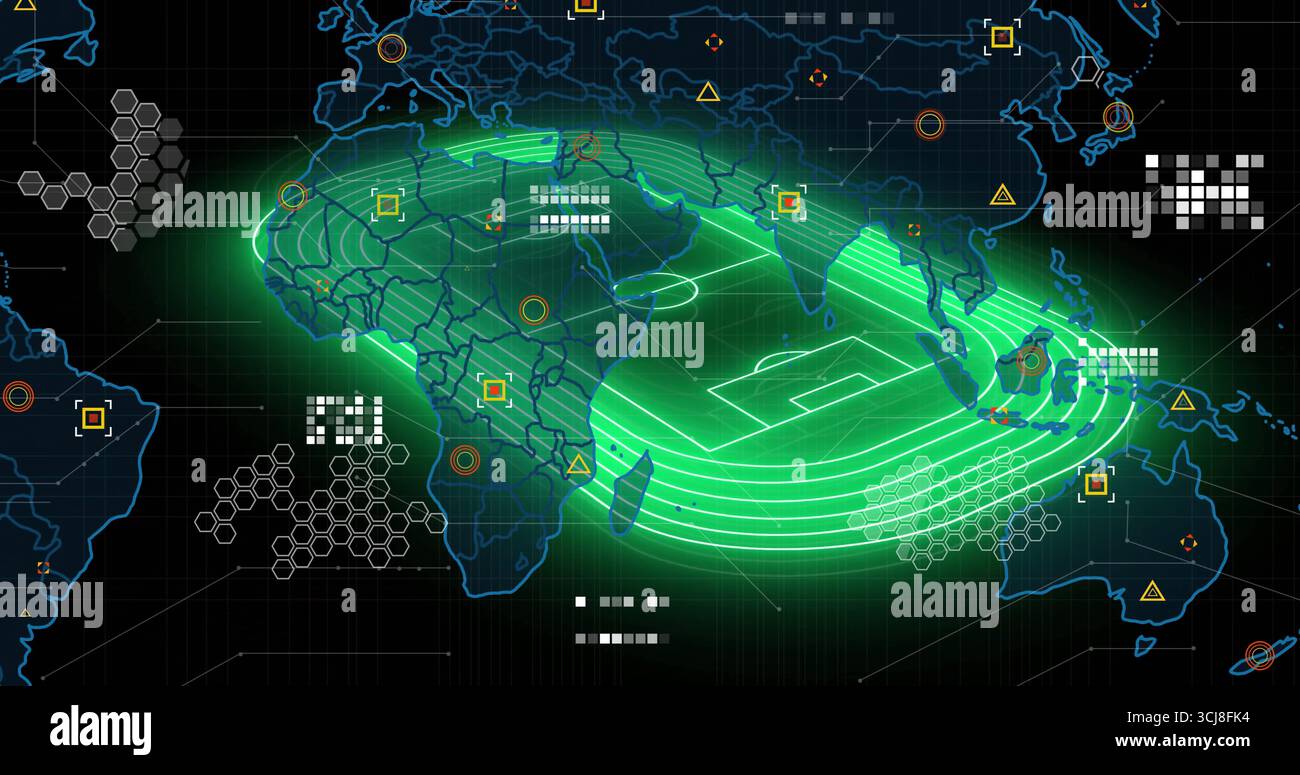 Displaying neon green football pitch overlaying digital world map, with ...