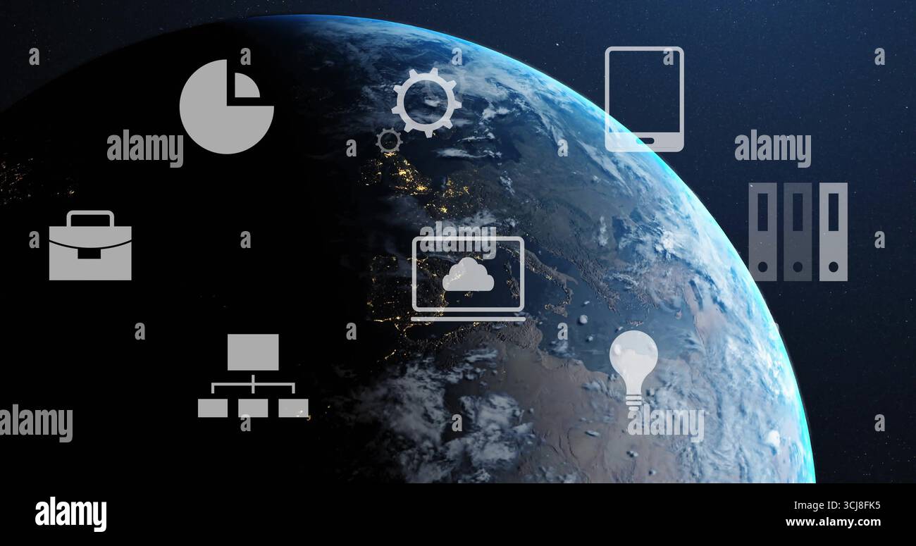 Showing planet Earth emerging from shadow in space, with pie chart gear ...
